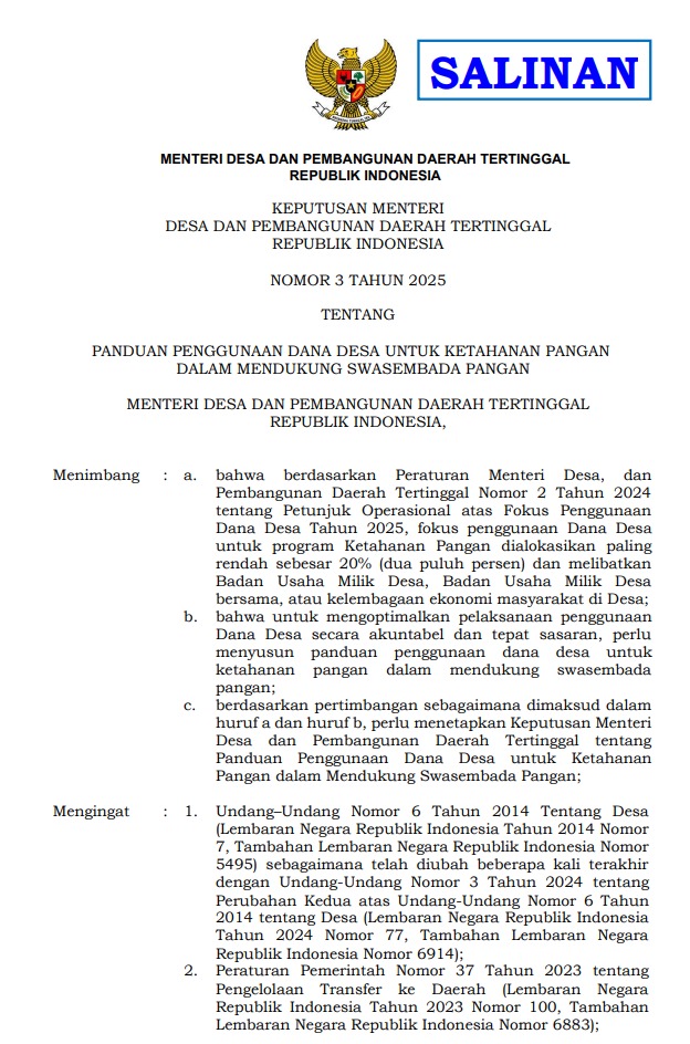 Keputusan Menteri Desa & PDT RI Nomor 3 Tahun 2025! - Desa Ngandagan